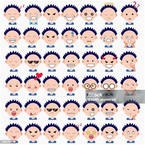 다른 감정을 보여주는 귀여운 소년 얼굴의 그림 기쁨 슬픔 분노 말하기 재미 있는 두려움 미소 흰색 바탕에 고립 된 그림입니다