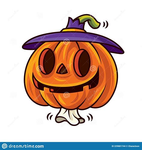 Happy Halloween With Cartoon Cute Funny Pumpkin Wearing Witch Hat Stock Vector Illustration Of
