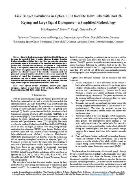 Giggenbach 2023 Link Budget Calculation In Optical Leo Satellite Downlinks Ook Similar In