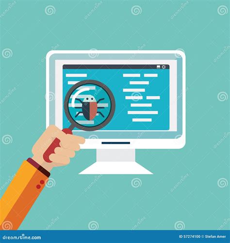 Searching For Bug Virus Magnifying Glass With Computer Stock Vector