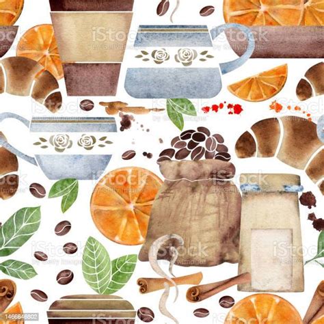 수채화 손으로 커피 컵 콩 오렌지 계피 크로와상 가방으로 매끄러운 패턴을 그렸습니다 흰색 배경에 격리 초대장 카페 레스토랑 음식 메뉴 인쇄 웹 사이트 카드 Robusta