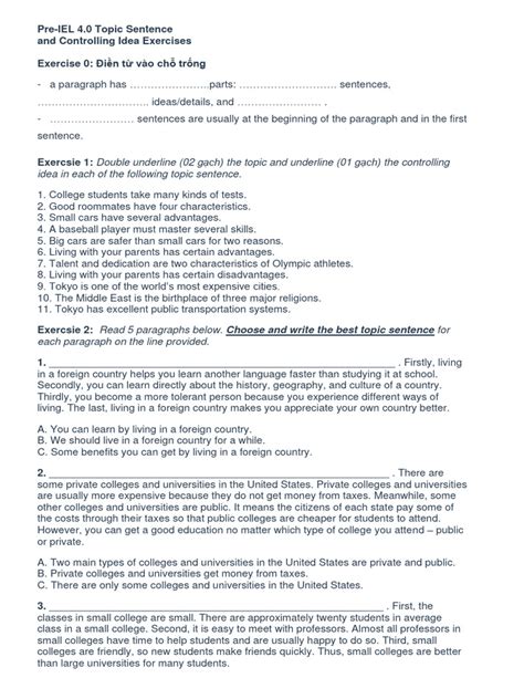 Topic Sentence And Controlling Idea Exercises Students Part Pdf