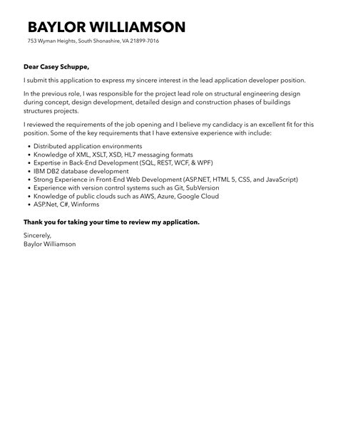 Lead Application Developer Cover Letter Velvet Jobs