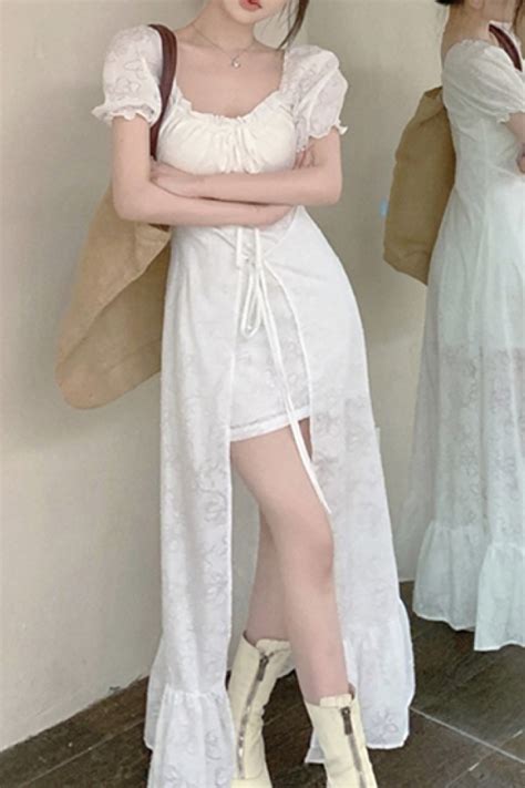 핑크프릴 누아 자카드 레이스 스퀘어넥 버블 반팔 슬릿 롱 원피스