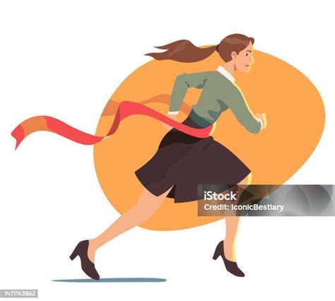 비즈니스 여성 우승자 리더 사람이 달리고 결승선 리본을 횡단합니다 자신감 있는 사업가가 경주 경쟁에서 승리하여 성공을 거둡니다 경력 성취 리더십 개념 평면 벡터 일러스트