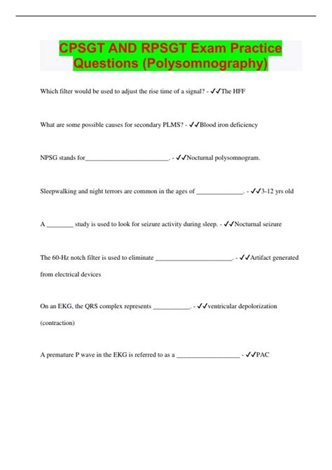 Cpsgt And Rpsgt Exam Practice Questions Polysomnography Questions With 100 Correct Answers