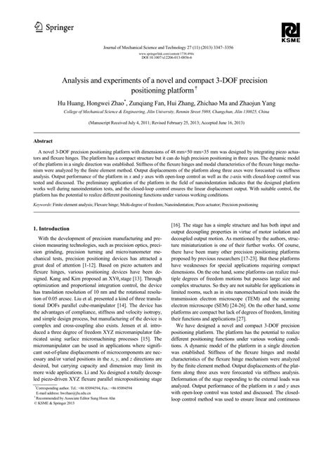 Pdf Analysis And Experiments Of A Novel And Compact 3 Dof Precision Positioning Platform