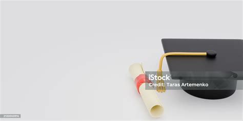 흰색 배경에 졸업생 모자와 함께 단어 졸업의 3d 그림입니다 모자를 썼다 졸업생 2024년 졸업식 인사말 배너 초대장의 3d 렌더링 3차원 형태에 대한 스톡 사진 및 기타