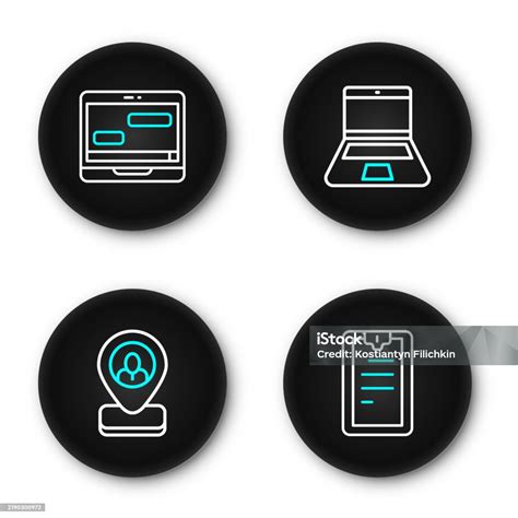 체크리스트 작업자 위치 랩톱 및 채팅 메시지 랩톱 아이콘이 있는 라인 클립보드를 설정합니다 벡터 개념에 대한 스톡 벡터 아트 및 기타 이미지 Istock