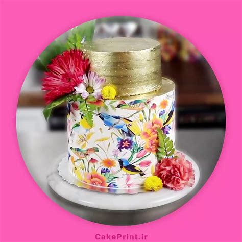 تزئین کیک با چاپ خوراکی گل و پرنده
