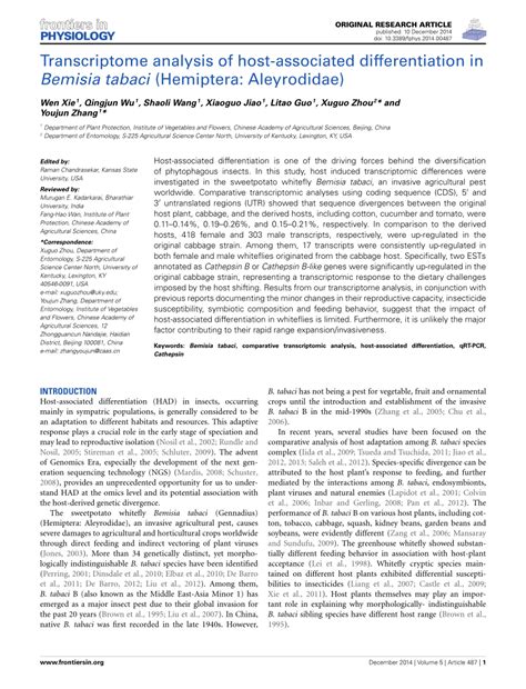 Pdf Transcriptome Analysis Of Host Associated Differentiation In Bemisia Tabaci Hemiptera