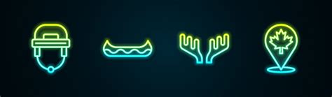 세트 라인 하키 헬멧 카약 사슴 뿔 및 캐나다 단풍 나무 잎 빛나는 네온 아이콘입니다 벡터 0명에 대한 스톡 벡터 아트 및 기타 이미지 Istock