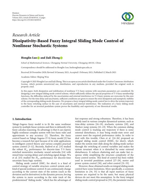 Pdf Dissipativity Based Fuzzy Integral Sliding Mode Control Of