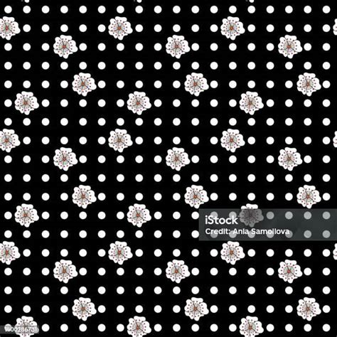 검은 배경에 벚꽃이있는 흰색 물방울 점이있는 완벽한 패턴 포장 직물 섬유 엽서를위한 디자인 벡터 일러스트 레이 션 0명에 대한 스톡 벡터 아트 및 기타 이미지 Istock