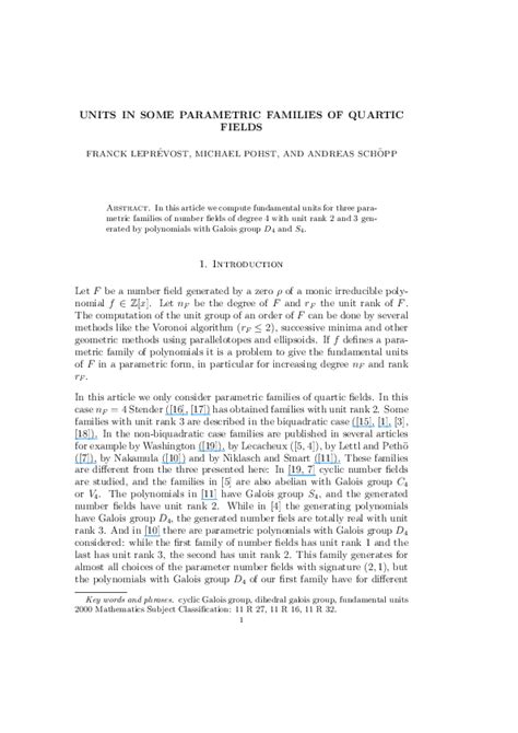 Pdf Units In Some Parametric Families Of Quartic Fields