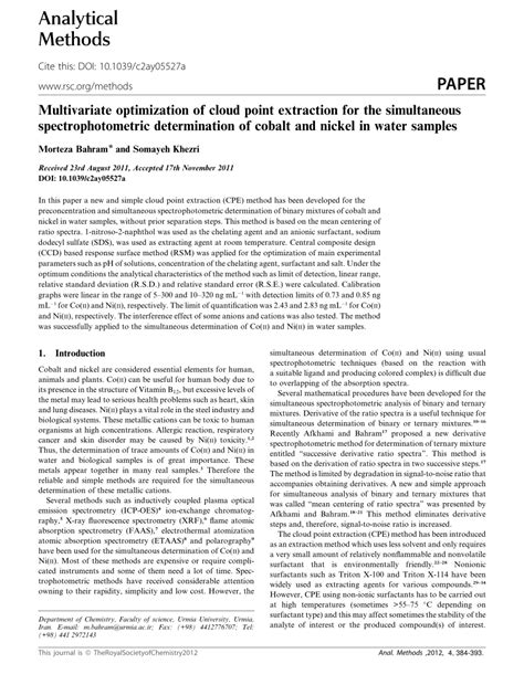 Pdf Multivariate Optimization Of Cloud Point Extraction For The Simultaneous