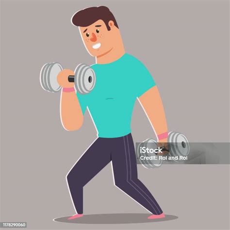 Mn은 아령과 피트니스 운동을하고있다 배경에 고립 된 귀여운 남자 만화 벡터 캐릭터 건강한 라이프 스타일과 스포츠 일러스트레이션 강사에 대한 스톡 벡터 아트 및 기타 이미지