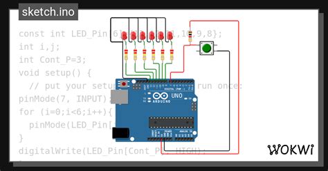 六顆led，每按一次按鈕從左向右單燈位移 Wokwi Esp32 Stm32 Arduino Simulator