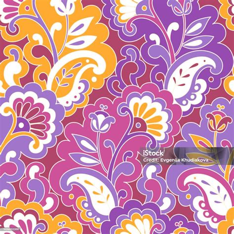 현대 민속 환각적인 이음새가 없는 패턴 복고풍 아시아 민족 장식품 빈티지 인도 벡터 배경 히피 70 년대 스타일의 그루비 섬유 인쇄물 꽃 모티프 1970년에 대한 스톡 벡터