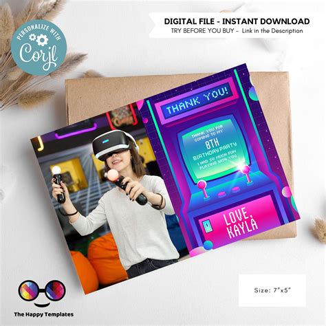 Editable Arcade Thank You Card Arcade Party Birthday Girl Birthday Postcard With Photo