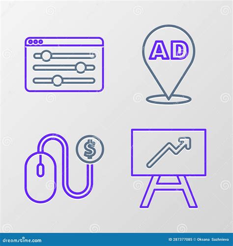 Set Line Board With Graph Chart Advertising And Browser Setting Icon