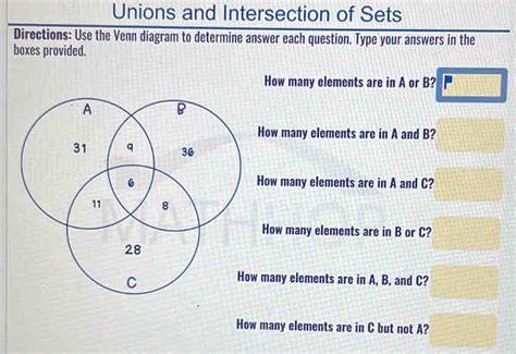 Unions And Intersection Of Sets Directions Use The Venn Diagram To Determine Answer Each Math