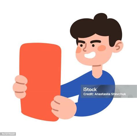 스마트 폰 매력적인 젊은이가 큰 스마트 폰을 들여다보고 사진을 찍고 채팅하고 비디오를보고 음악을 듣습니다 만화 평면 벡터 삽화입니다 Brand Name Online