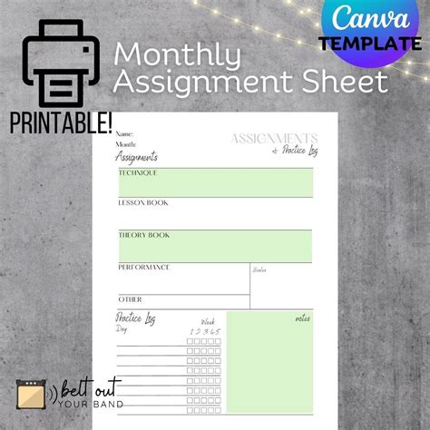 Monthly Piano Lesson Assignment Sheet Printable Editable Template