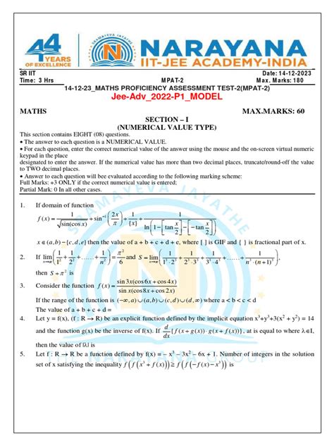 14 12 23 Maths Proficiency Assessment Test 2 Mpat 2 Jee Adv