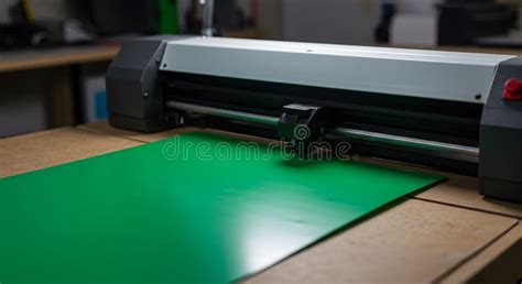 precise cutting of green material with advanced plotter on table surface stock illustration
