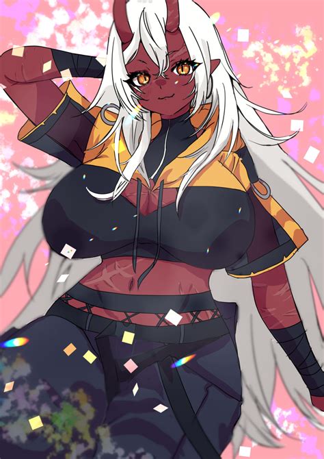 Rule 34 Akumi Female Only Oni Oni Horns Red Skin Scars Virtual Youtuber Vyugen White Hair