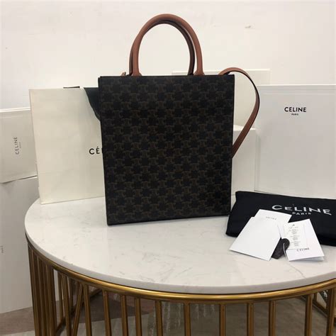 Celine Vertical Cabas Tote In Triomphe Canvas And Calfskin