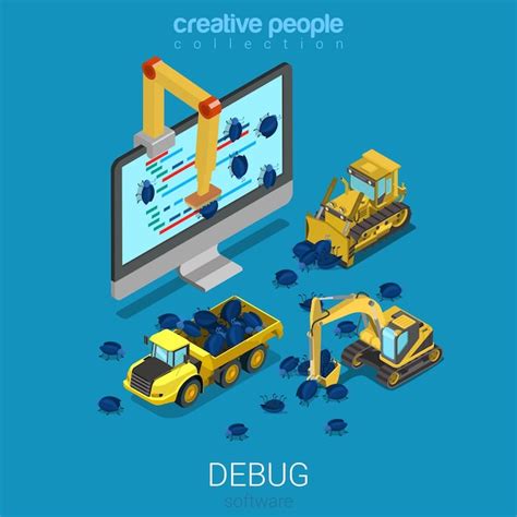 디버그 소프트웨어 기술 개발 프로그래밍 코드 평면 아이소 메트릭 프리미엄 벡터