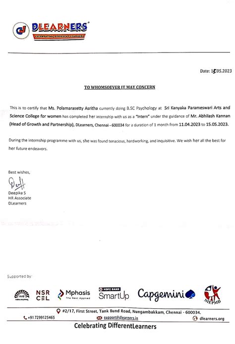 P Asritha On Linkedin Dlearners Internship Gratitude Experience