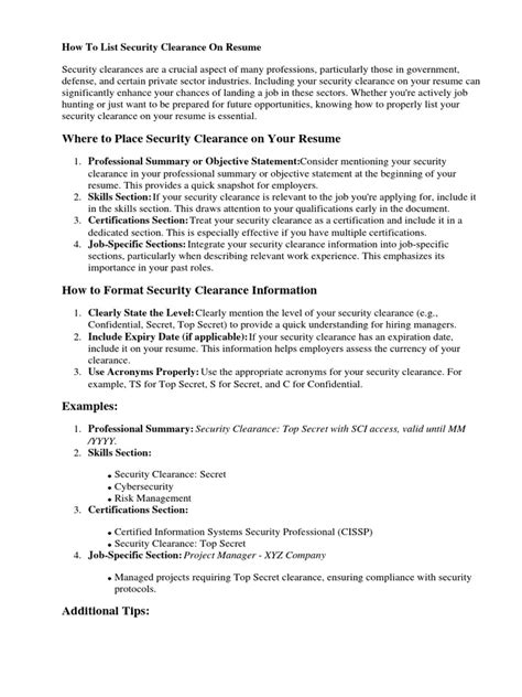 how to list security clearance on resume pdf security clearance