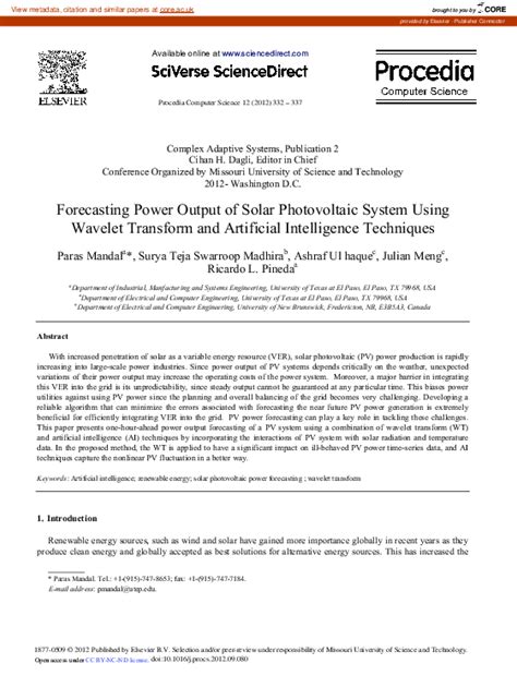 Pdf Forecasting Power Output Of Solar Photovoltaic System Using Wavelet Transform And