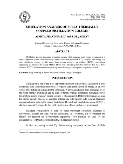 Simulation Analysis Of Fully Thermally Coupled Distillation Column Pdf Distillation Heat