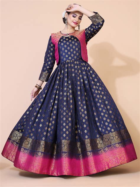 Buy Prenea Navy Blue Ethnic Motifs Jacquard Maxi Dress Ethnic Dresses