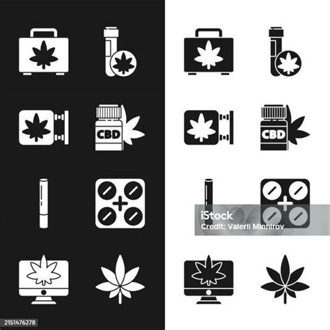 마리화나 마리화나 및 대마초 상점 쇼핑 상자 화학 시험관 관절 알약 잎 및 모니터 아이콘과 의료 병 설정 벡터 건강 검진에 대한 스톡 벡터 아트 및 기타 이미지 Istock