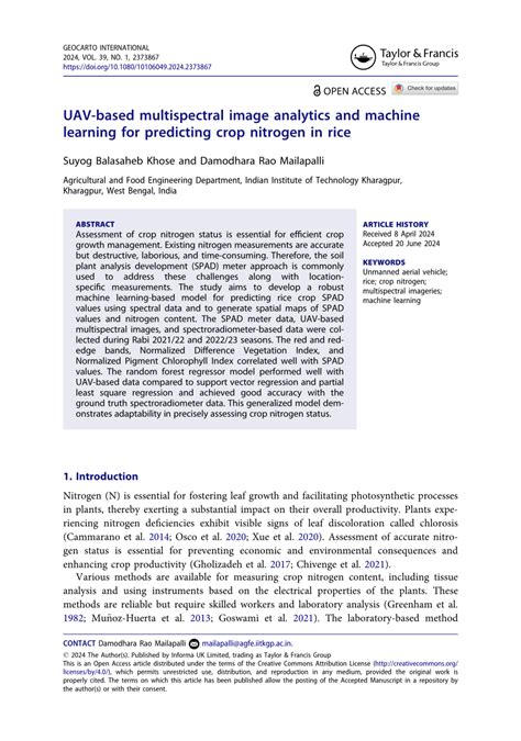 Pdf Uav Based Multispectral Image Analytics And Machine Learning For