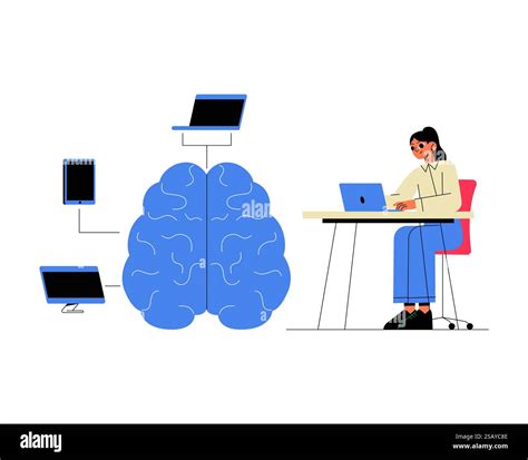 Woman Using Laptop With Ai Brain Network Connection In Flat Vector