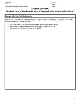Algebra Exponential Growth And Decay Functions Guided Notes W Key