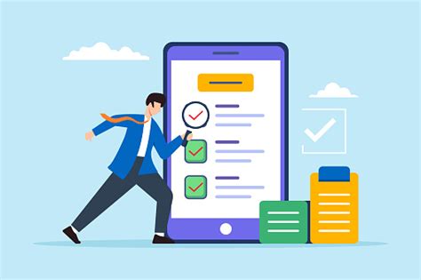 비즈니스 분석가가 스마트폰 화면의 앱에서 돋보기로 비즈니스 체크리스트를 검사하는 평면 그림 Brand Name Smart