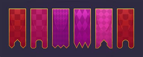 플래그 집합입니다 중세 깃발 템플릿 화려한 만화 깃발입니다 추상적인 기하학적 패턴 황금 윤곽선 로얄 페넌트 수직 배너 플래그 템플릿 토너먼트 플래그 벡터 일러스트 레이