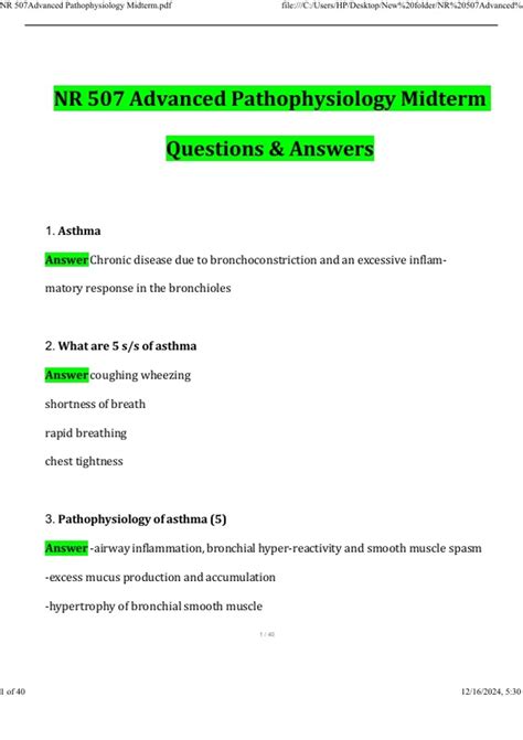 Nr 507 Advanced Pathophysiology Midterm Exam 2025 Questions And Answers