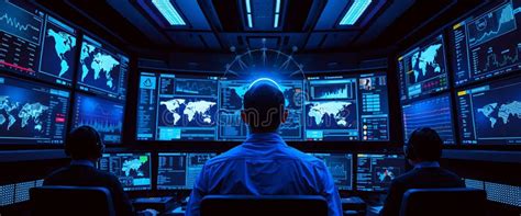 Analysts Monitoring Global Data Trends In A High Tech Control Room During Nighttime Operations