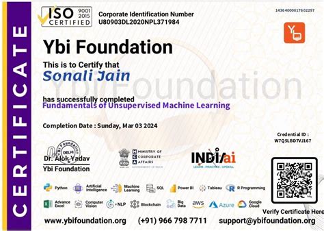 Certificate Of Completion Of Fundamentals Of Unsupervised Machine Learning With Ybi Foundation