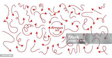 손으로 그린 얇은 선 화살표 세트입니다 곡선 포인터 모음입니다 다른 방향을 가리키는 빨간색 포인터입니다 혼란스럽고 복잡한 경로를 보여주는 표지판의 단순한 디자인 요소