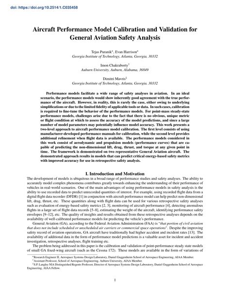 PDF Aircraft Performance Model Calibration And Validation For General Aviation Safety Analysis