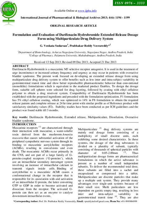 Pdf Corresponding Formulation And Evaluation Of Darifenacin Hydrobromide Extended Release